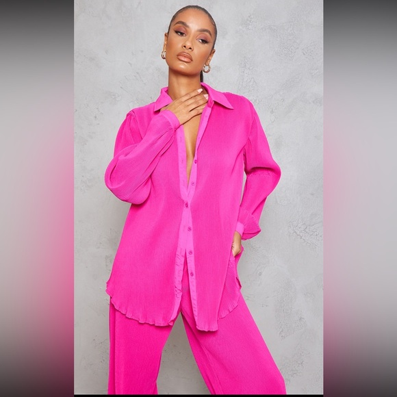 Jackets & Coats | Nwt Hot Pink Button Front Shirt And Pant Set | Poshmark